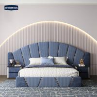 China Velvet Upholstered Italian King Size Bed Set with Blue Leather Accents - 76