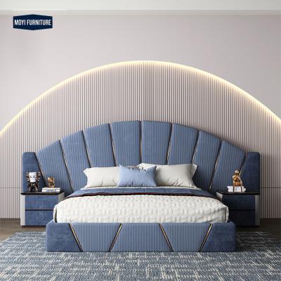 China Velvet Upholstered Italian King Size Bed Set with Blue Leather Accents - 76