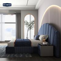 China Velvet Upholstered Italian King Size Bed Set with Blue Leather Accents - 76