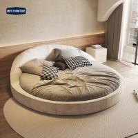 China King Size 76x80 Round Fabric Bed - Modern Minimalist French Villa Style with Frosted Luxury Finish for sale
