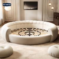 China OEM White Velvet Round Bed for Hotels - 180cm to 200cm Diameter Custom Upholstered Luxury Bed for sale