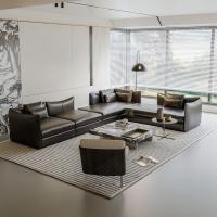 China Modular Modern Italian Minimalist Black Leather Sofa with Down-Filled Cushions and Corner Configuration for Large Living Spaces for sale