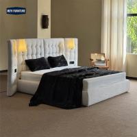 China Mail Packing Y King Queen Size Solid Wood Leather Upholstered Bed Frame with Lighting and High Density High Resilience Foam for sale
