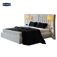 China Mail Packing Y King Queen Size Solid Wood Leather Upholstered Bed Frame with Lighting and High Density High Resilience Foam for sale