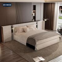 China Customize Size Modern Luxury Double Queen Bed Large Headboard Velvet Fabric Upholstered King Size Beds Power Switch Furniture for sale