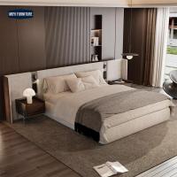 China Customize Size Modern Luxury Double Queen Bed Large Headboard Velvet Fabric Upholstered King Size Beds Power Switch Furniture for sale