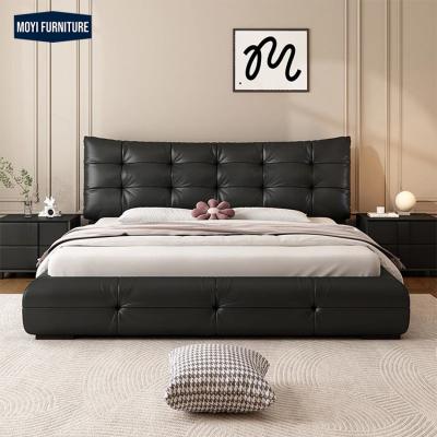 China Synthetic Leather Upholstery Wooden Frame Foam Fabric Bed Modern Soft Wooden Bed Frame King Full Size Double Bed Set for sale