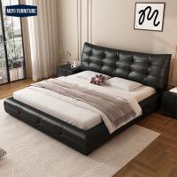 China Synthetic Leather Upholstery Wooden Frame Foam Fabric Bed Modern Soft Wooden Bed Frame King Full Size Double Bed Set for sale