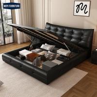 China Synthetic Leather Upholstery Wooden Frame Foam Fabric Bed Modern Soft Wooden Bed Frame King Full Size Double Bed Set for sale