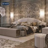 China Mail Packing Modern Luxury King Size Bed Wide Headboard Gold Stainless Steel Fabric Bedroom Bed Set Designs Furniture for sale