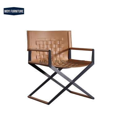 China CUSTOM Modern Nordic Design Minimalist Stainless Steel Leisure Arm Chair Brown Saddle Leather Home Dining Chair Seating for sale
