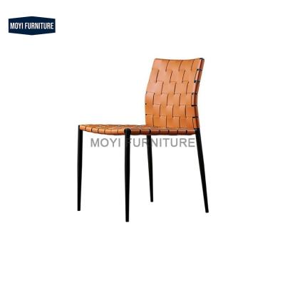 China Dining Custom Nordic Design Office Accent Chair Metal Legs Weaving Orange Saddle Leather Dining Weaving Furniture for sale