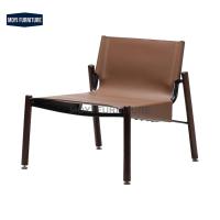 China Apartment Chic MOYI Design Leisure Brown Leather Metal Chair Frames Luxury Solid Wooden Living Room Chairs Surface Carpet for sale