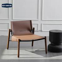 China Apartment Chic MOYI Design Leisure Brown Leather Metal Chair Frames Luxury Solid Wooden Living Room Chairs Surface Carpet for sale