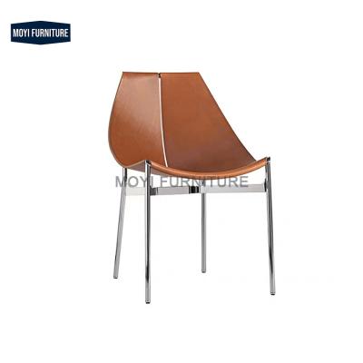 China Dining Room Furniture Modern Saddle Leather Chair Stainless Steel Frame Chaise Italian Brown Restaurant Hotel Dining Chair for sale