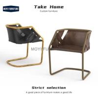 China American Retro Office Accent Chair Golden Metal Frame Saddle Leather Curved Backrest Dining Chair for Kitchen for sale