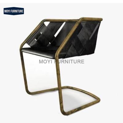 China American Retro Office Accent Chair Golden Metal Frame Saddle Leather Curved Backrest Dining Chair for Kitchen for sale