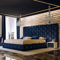 China Modern Blue Velvet King-Size Bedroom Furniture Unique Double Headboard With Button Tufted Design for sale