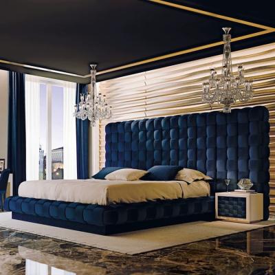China Modern Blue Velvet King-Size Bedroom Furniture Unique Double Headboard With Button Tufted Design for sale