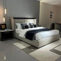 China Modern New Design Brown Wooden Double Beige Velvet Leather Bed Room Suite Modern Luxury Home Furniture King Size Bed Design for sale
