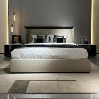 China Modern New Design Brown Wooden Double Beige Velvet Leather Bed Room Suite Modern Luxury Home Furniture King Size Bed Design for sale