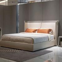 China Modern New Design Brown Wooden Double Beige Velvet Leather Bed Room Suite Modern Luxury Home Furniture King Size Bed Design for sale