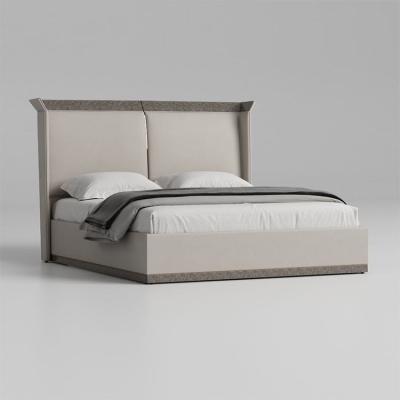 China Modern New Design Brown Wooden Double Beige Velvet Leather Bed Room Suite Modern Luxury Home Furniture King Size Bed Design for sale