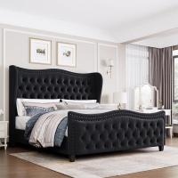 China Kainice Luxury White Velvet Upholstery Deep Button Headboard for Queen Beds Shelter Side Wavy Tufted Design Bed Frame for sale