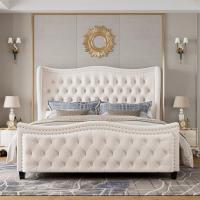 China Kainice Luxury White Velvet Upholstery Deep Button Headboard for Queen Beds Shelter Side Wavy Tufted Design Bed Frame for sale