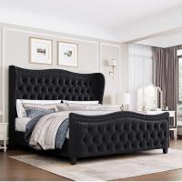 China Kainice Luxury White Velvet Upholstery Deep Button Headboard for Queen Beds Shelter Side Wavy Tufted Design Bed Frame for sale