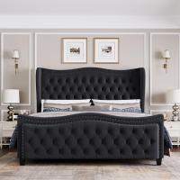 China Kainice Luxury White Velvet Upholstery Deep Button Headboard for Queen Beds Shelter Side Wavy Tufted Design Bed Frame for sale
