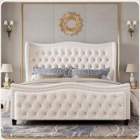 China Kainice Luxury White Velvet Upholstery Deep Button Headboard for Queen Beds Shelter Side Wavy Tufted Design Bed Frame for sale