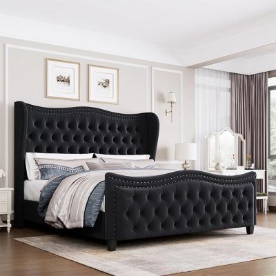 China Kainice Luxury White Velvet Upholstery Deep Button Headboard for Queen Beds Shelter Side Wavy Tufted Design Bed Frame for sale