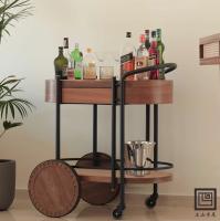 China MOYI  Quality Wooden and Iron Trolley With Wheels 2 Tiers Carts Hotel and Restaurant Serving Rattan Trolley for sale