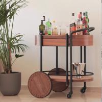 China MOYI  Quality Wooden and Iron Trolley With Wheels 2 Tiers Carts Hotel and Restaurant Serving Rattan Trolley for sale