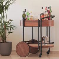 China MOYI  Quality Wooden and Iron Trolley With Wheels 2 Tiers Carts Hotel and Restaurant Serving Rattan Trolley for sale