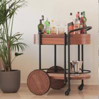 China MOYI  Quality Wooden and Iron Trolley With Wheels 2 Tiers Carts Hotel and Restaurant Serving Rattan Trolley for sale