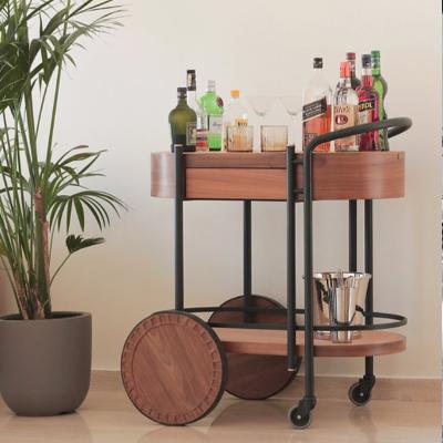 China MOYI  Quality Wooden and Iron Trolley With Wheels 2 Tiers Carts Hotel and Restaurant Serving Rattan Trolley for sale