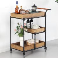 China MOYI Customized Iron and Wood Trolley Quality Wooden Cart with Wheels for Hotels and Bars for sale