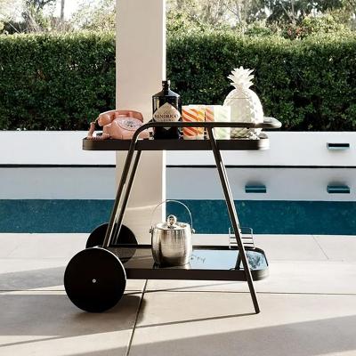 China MOYI Customized Iron Trolley Quality Wooden Cart with Wheels for Hotels and Bars for sale