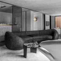 China MOYI Minimalist Fabric Half Moon Shape Sectional Sofa Modern Round Couch Hotel Lobby Circular Sofa Special Shaped Cashmere Sofa for sale