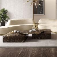 China Luxury Dark Emperador Marble Coffee Table With Organic Gold Brass Bridge Natural Stone Block Center Table for Villa Hotel Lobby for sale