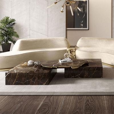 China Luxury Dark Emperador Marble Coffee Table With Organic Gold Brass Bridge Natural Stone Block Center Table for Villa Hotel Lobby for sale