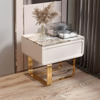 China Modern Minimalist Grey Bedside Table with White Marble Top - Curved Metal Base Bedroom Nightstand for sale
