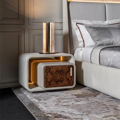China Nordic Modern Bedroom Solid Wood Burl Veneer Microfiber Leather Nightstand Bedside Table for Hotel Home for sale