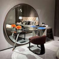 China MOYI High End Modern Unique Design Luxury Villa Big Bedroom Leather Glass Dressing Table With Large Round LED Mirror for sale