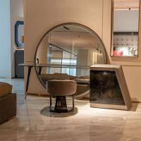 China MOYI High End Modern Unique Design Luxury Villa Big Bedroom Leather Glass Dressing Table With Large Round LED Mirror for sale