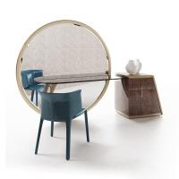 China MOYI High End Modern Unique Design Luxury Villa Big Bedroom Leather Glass Dressing Table With Large Round LED Mirror for sale
