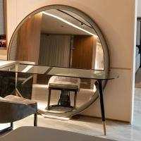 China MOYI High End Modern Unique Design Luxury Villa Big Bedroom Leather Glass Dressing Table With Large Round LED Mirror for sale