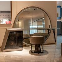 China MOYI High End Modern Unique Design Luxury Villa Big Bedroom Leather Glass Dressing Table With Large Round LED Mirror for sale